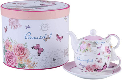Tea for One Teapot Cup suacer Set Vintage Flora Rose Lavender Porcelain ...