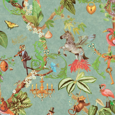 Teal Animal Safari Wallpaper Floral Zebra's Bee's Butterflies Feature ...