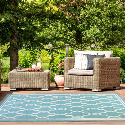 Teal Blue Outdoor Rug, Geometric Stain-Resistant Rug For Patio Decks ...