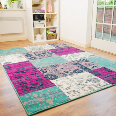 Teal Modern Patchwork Rug - Vintage Paisley Design for Rustic and ...