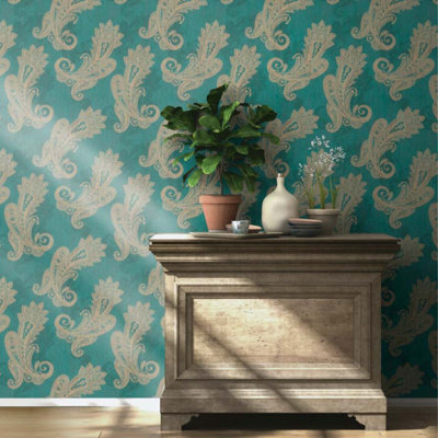 Teal Paisley Vinyl Wallpaper Beige Teardrop Pattern Feature Wall Hallway