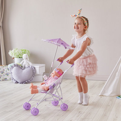 Teamson Kids - Baby Doll Stroller with Parasol - Purple / Stars