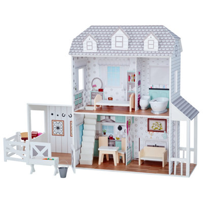 Teamson Kids Dreamland Wooden Farmhouse Dollhouse with Stable and Furniture