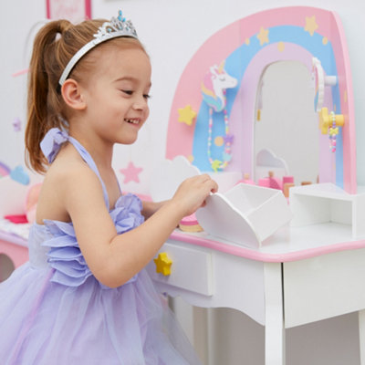 Teamson Kids Dressing Table Play Vanity Set with Mirror Stool Rainbow Unicorn Pink White