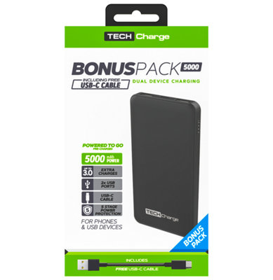 Tech Charge 5000mAh Power Bank - Fast Charging Dual Port Battery Charger