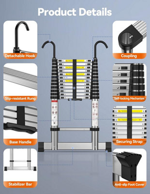 TECKNET Telescopic Ladder 3.8M/12.5FT, Max Load 150kg/330lbs, Aluminium ...