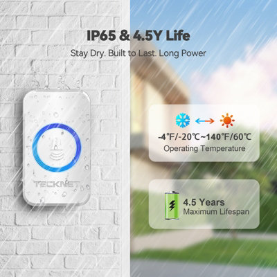TECKNET Wireless Doorbell, IP65 Waterproof Wall Plug-in Cordless Door ...