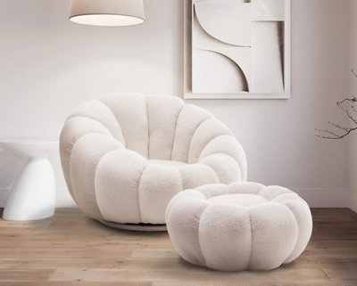 Teddy Boucle Fabric White Swivel Accent Chair with Footstool
