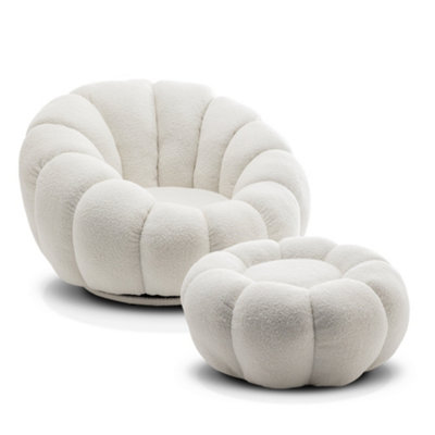 Teddy Boucle Fabric White Swivel Accent Chair with Footstool