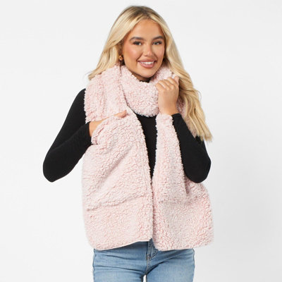 Teddy Fleece Scarf Long Thermal Soft Pockets Hand Neck Warmer Marl, Blush