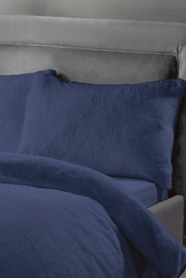 Teddy Fleece Soft Double Duvet Cover Bedding Set Navy Blue