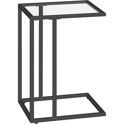 Tempered Glass C Shape Metal Side Table Black