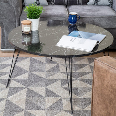 TEREK ROUND BLACK MARBLE COFFEE TABLE WITH HAIR PIN LEGS