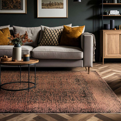 Terracotta Black Abstract Modern Bordered Rug Easy to clean Living Room ...