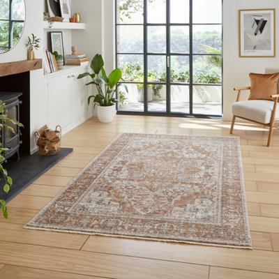 Terracotta Traditional Abstract Bordered 10mm Pile Stain-Resistant Rug ...