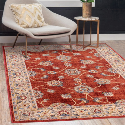 Terracotta Traditional Bordered Floral Rug Easy to clean Dining Room ...