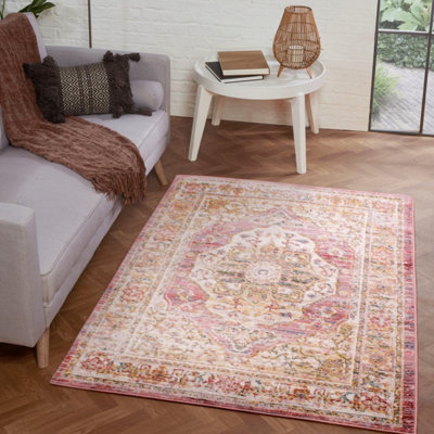 Terracotta Traditional Easy to Clean Abstract Floral Rug For Dining ...