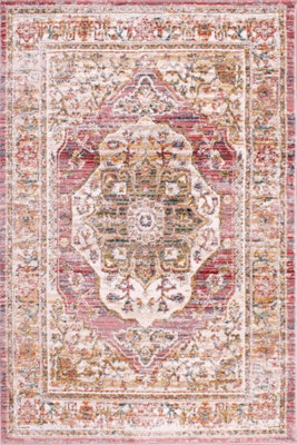 Terracotta Traditional Easy to Clean Abstract Floral Rug For Dining ...