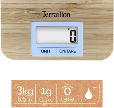 Terraillon Natural Bamboo Digital Kitchen Scale - Tare, Liquid ...