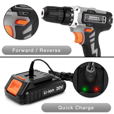 Terratek 20V Cordless Drill & Drill Bit Set 20V 1 Hr Fast Charge ...
