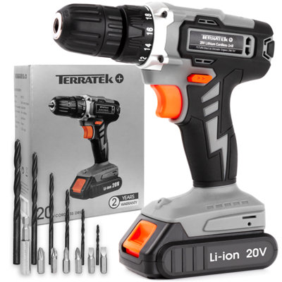 Terratek 20V Cordless Drill & Drill Bit Set 20V 1 Hr Fast Charge ...