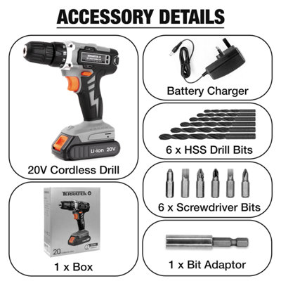 Terratek 20V Cordless Drill & Drill Bit Set 20V 1 Hr Fast Charge ...