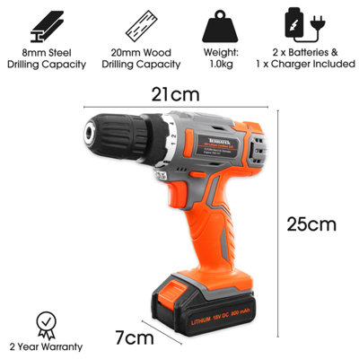 Buy Terratek Cordless Drill & Drill Bit Set 18V 2 Batteries & Charger ...