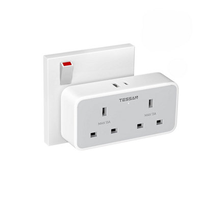 Tessan Double Plug Adapter UK with 2 USB, 2 Way Multi Plugs Extension ...