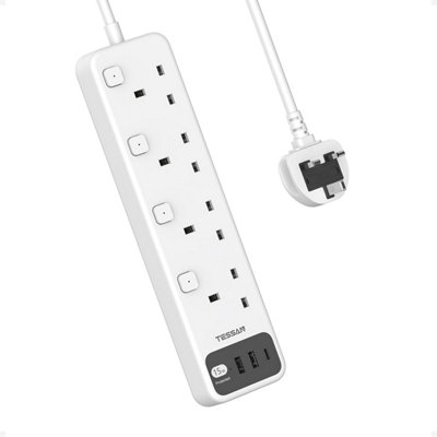 Tessan Extension Lead with USB C Slots, 4 Way Multi Plug Sockets ...
