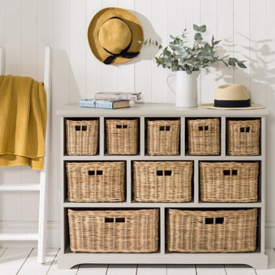 Tetbury 10 Drawer Storage Unit- Skimming Stone with Wicker Baskets