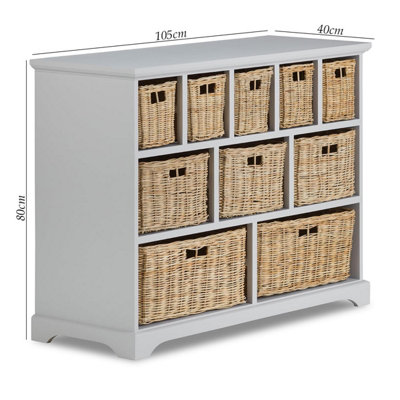 Tetbury 10 Drawer Storage Unit- Skimming Stone with Wicker Baskets