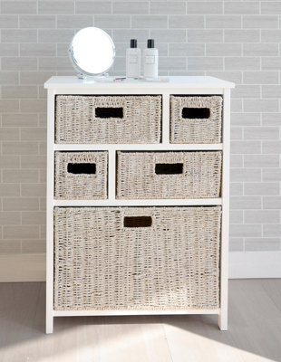 Tetbury 5 Drawer Storage Unit- White with Whitewash Seagrass Baskets
