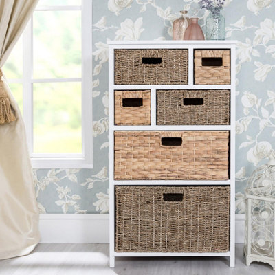 TETBURY 6 DRAWER STORAGE UNIT- WHITE WITH HYACINTH AND SEAGRASS BASKETS