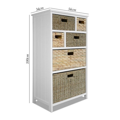 TETBURY 6 DRAWER STORAGE UNIT- WHITE WITH HYACINTH AND SEAGRASS BASKETS