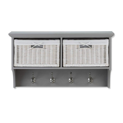Tetbury Hallway Storage Shelf with Two Wicker Baskets - Dove Grey