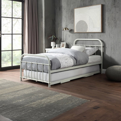 Tewin Vintage Hospital Style White Single Metal Bed Frame With Guest ...