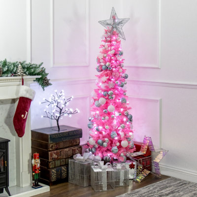 The Christmas Workshop 6ft Slim Pink Pre-Lit Artificial Christmas Tree ...