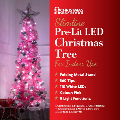 The Christmas Workshop 6ft Slim Pink Pre-Lit Artificial Christmas Tree ...