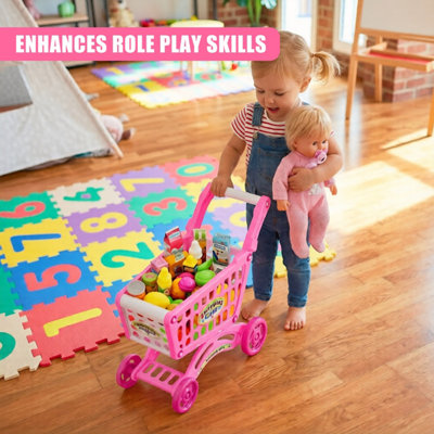 The Magic Toy Shop Kids Shopping Trolley Pink Grocery Cart Playset ...