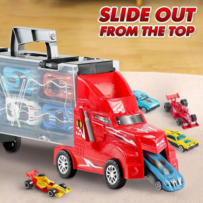 The Magic Toy Shop Toy Car Carrier Truck Built-in Launcher Racing Board ...