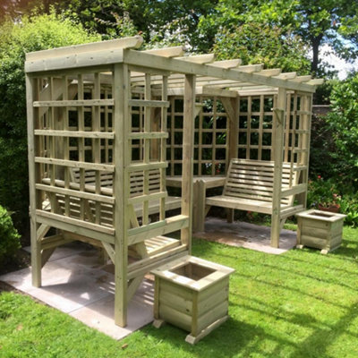 The Riviera Seated Pergola, Wooden Garden Corner Arbour Seat with Table ...