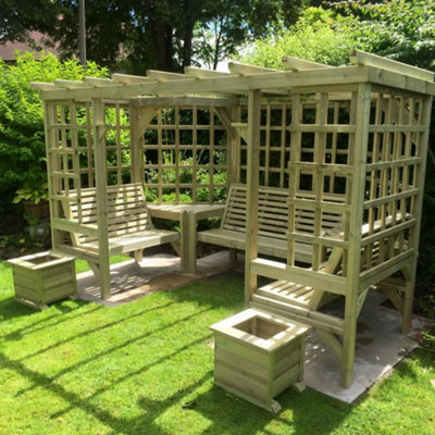 The Riviera Seated Pergola, Wooden Garden Corner Arbour Seat with Table ...