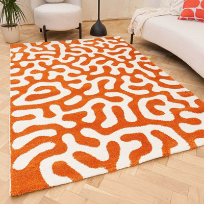 The Rugs Joli Orange and White Abstract Doodle Rug Soft Dense Pile Easy ...