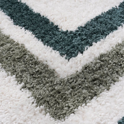 The Rugs Moodi Shaggy Green Marina Rug Runner Bordered Thick High Pile ...