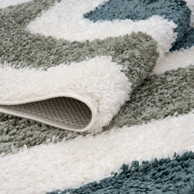 The Rugs Moodi Shaggy Green Marina Rug Runner Bordered Thick High Pile ...