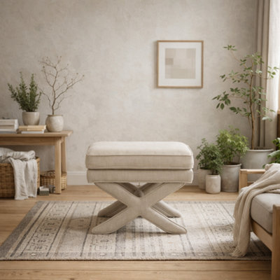 Theodor Stone Linen-Blend Upholstered Stool with X Cross Legs
