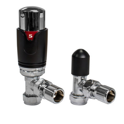Thermostatic TRV Black-Chrome Angled Radiator Valves 1-2" x 15mm