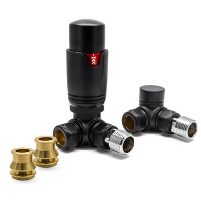 Thermostatic TRV Corner Black Radiator Valves 1-2" x 15mm with Brass ...