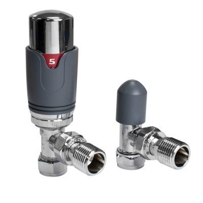 Thermostatic TRV Grey-Chrome Angled Radiator Valves 1-2" x 15mm