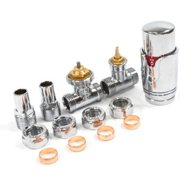 THERMOSTATIC TRV STRAIGHT CHROME RADIATOR VALVES 1-2" X 15MM WITH BRASS ...